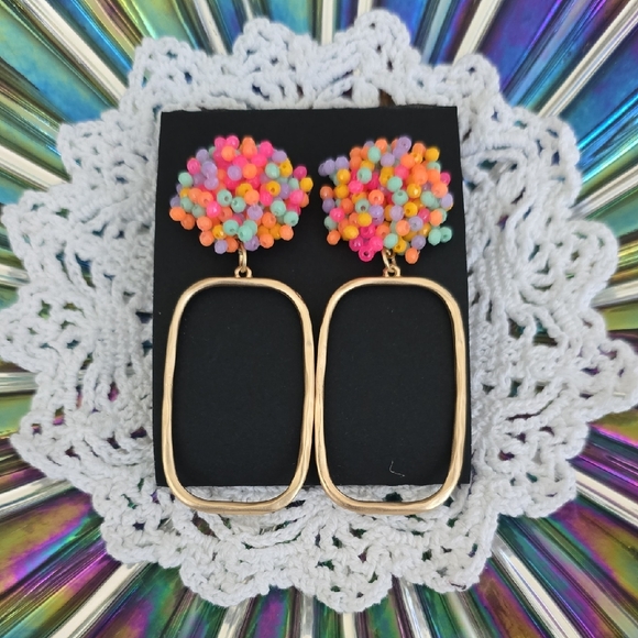 None | Jewelry | Beaded Gold Tone Rectangle Dangle Earrings New | Poshmark